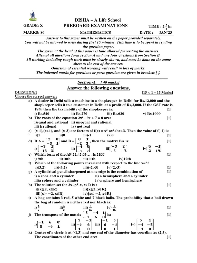 DISHA - A Life School Preboard Examinations: Section | PDF | Circle | Sphere