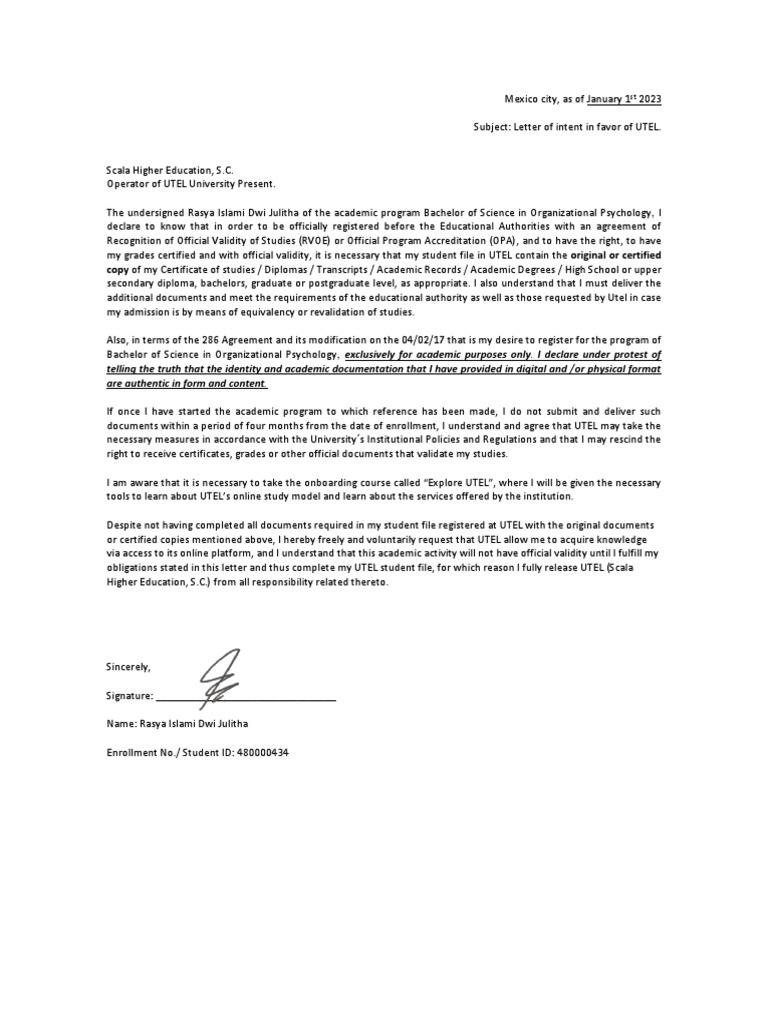 Commitment Letter - Rasya | PDF | Academic Degree | Bachelor's Degree