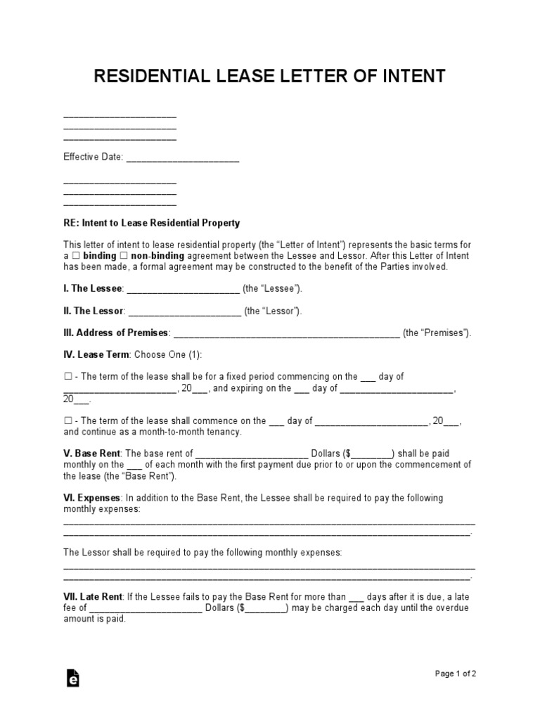 Residential Lease Letter of Intent | PDF | Lease | Real Property Law