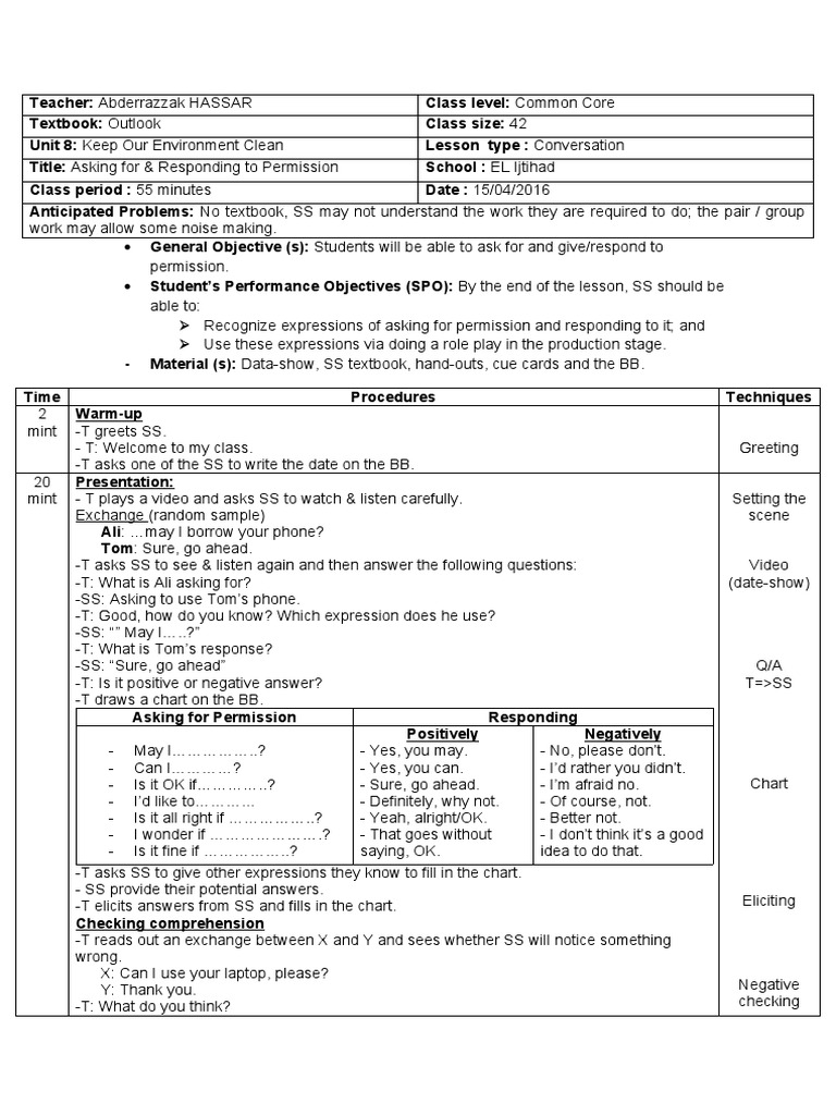 Unit 8 Asking For Permission and Responding To Permission Conversation ...