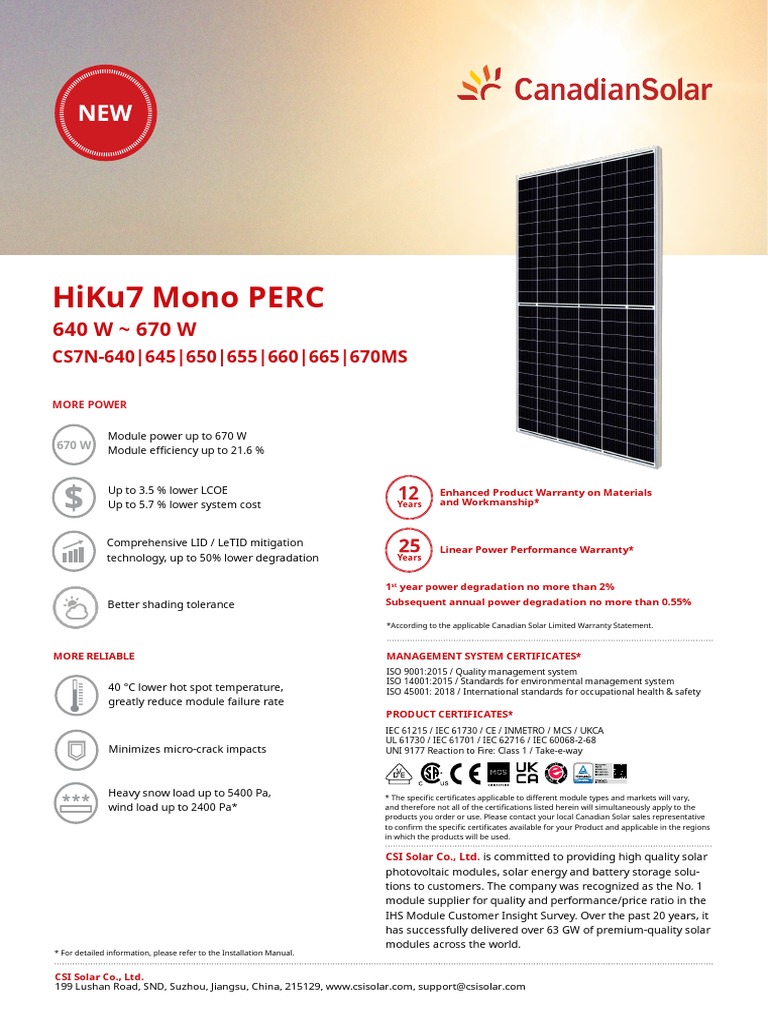 Cs Datasheet Hiku7 cs7n Ms v2 1 En2340 | PDF | Solar Panel | Electric Power
