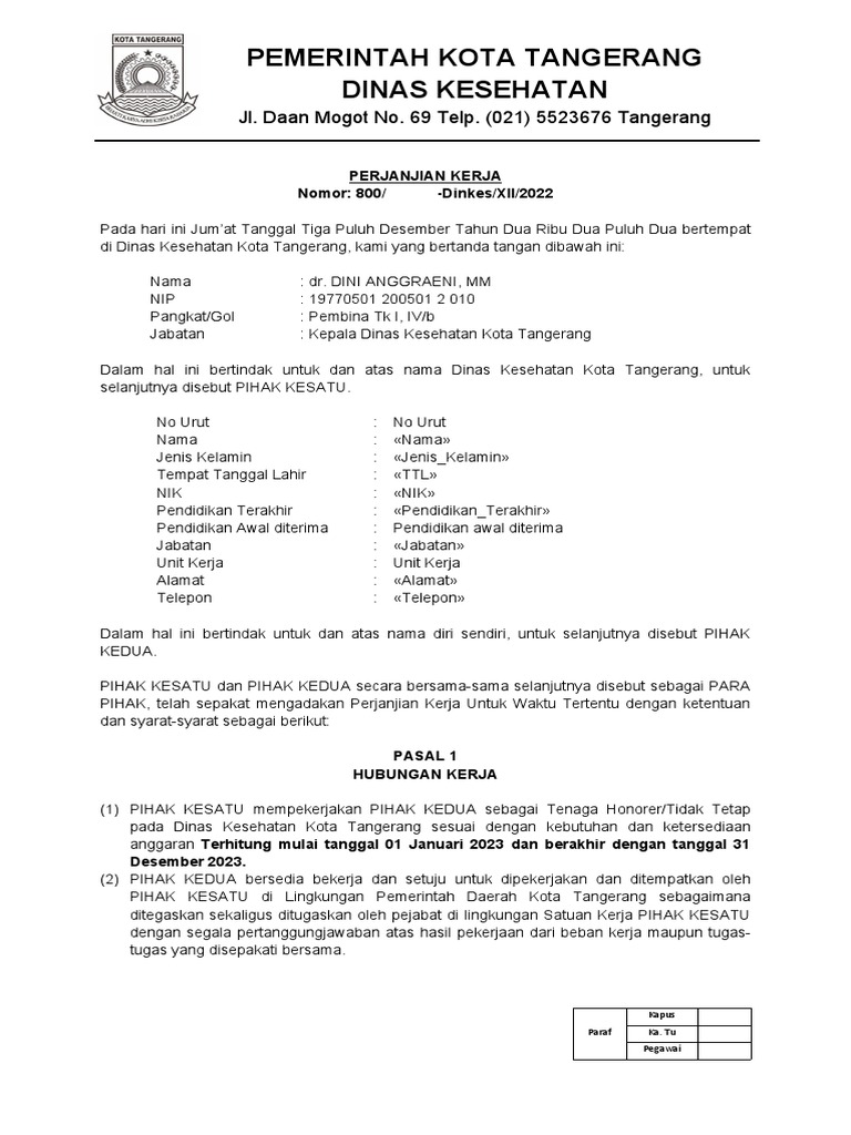 2023 Draft Perjanjian Kerja THL-1 | PDF
