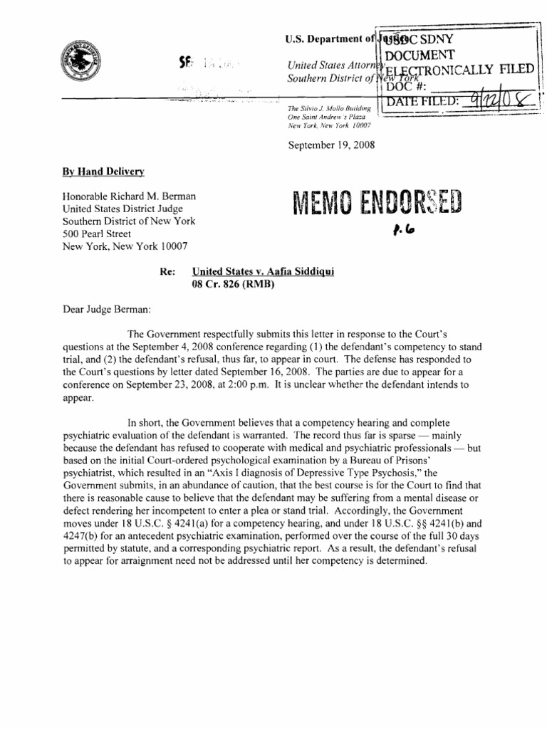 Letter in Aafia Siddiqui Case | PDF | Arraignment | Psychiatry