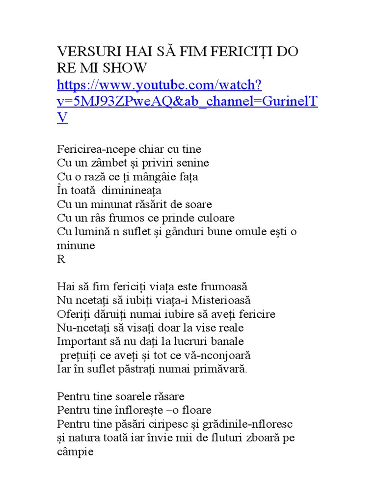 Versuri Hai Sa Fim Fericiti Do Re Mi Show | PDF
