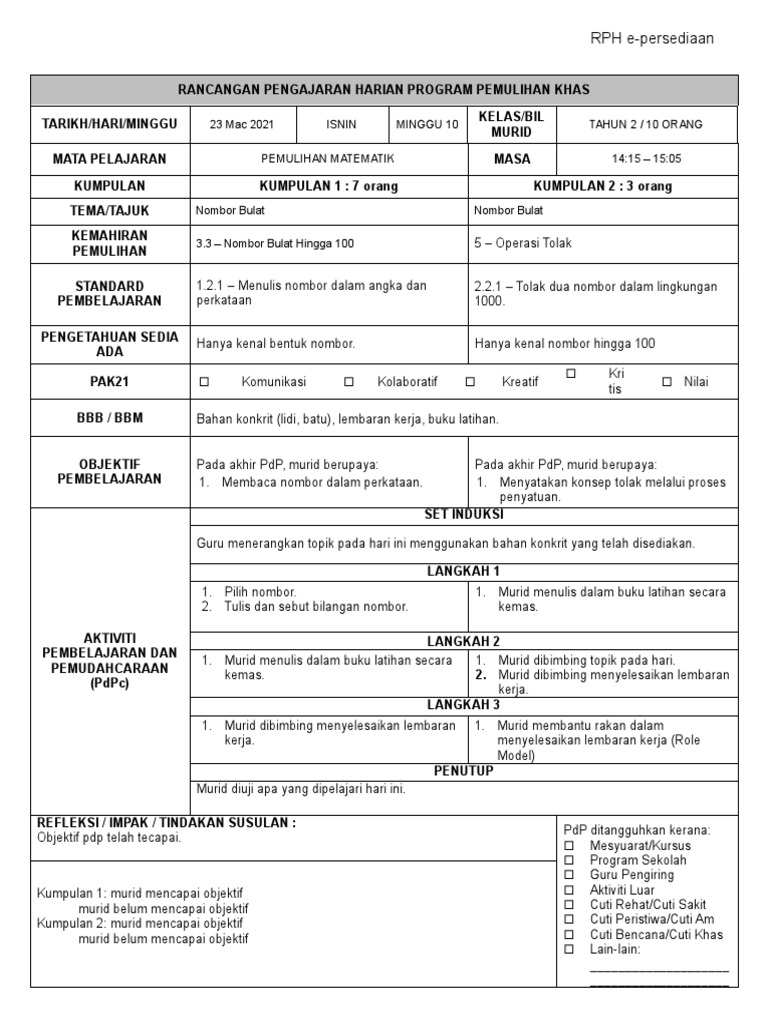 RPH Pemulihan Matematik Tahun 2 | PDF