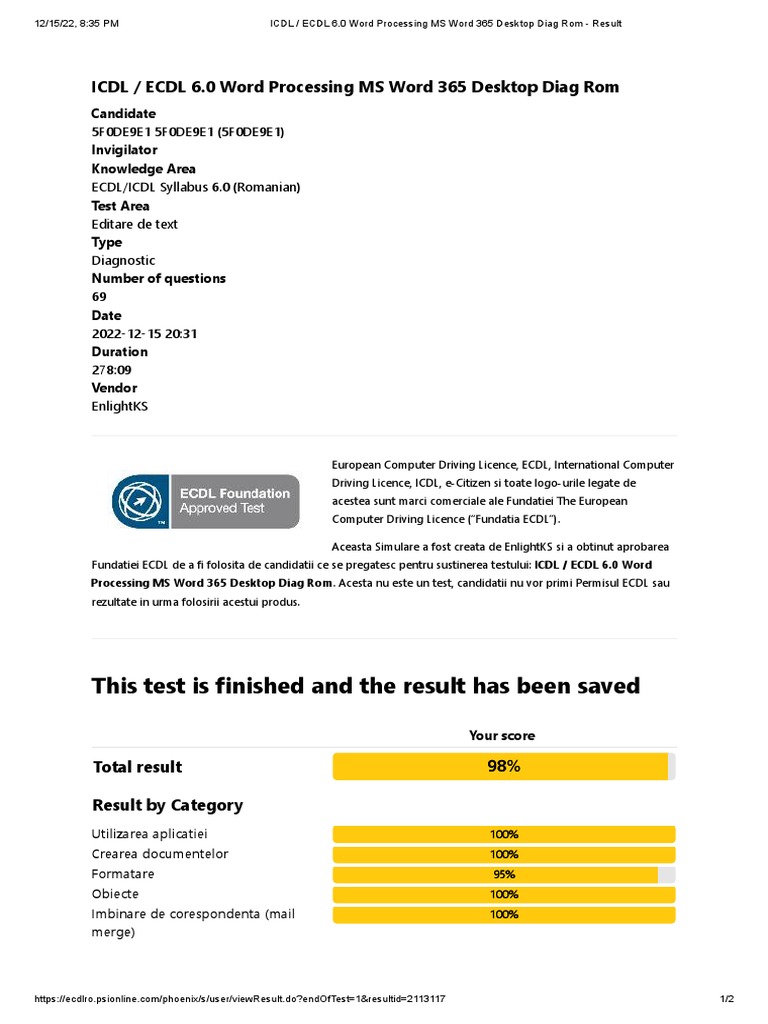 ICDL - ECDL 6.0 Word Processing MS Word 365 Desktop Diag Rom - Result | PDF