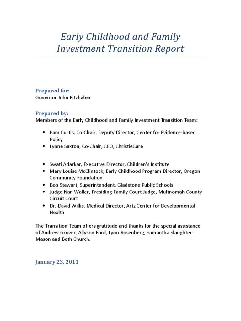 Early Childhood and Family Investment Transition Report Prepared For ...