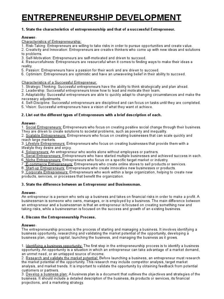 ENTREPRENEURSHIP DEVELOPMENT QnA Ans | PDF | Entrepreneurship ... ENTREPRENEURSHIP DEVELOPMENT QnA Ans | PDF | Entrepreneurship ...