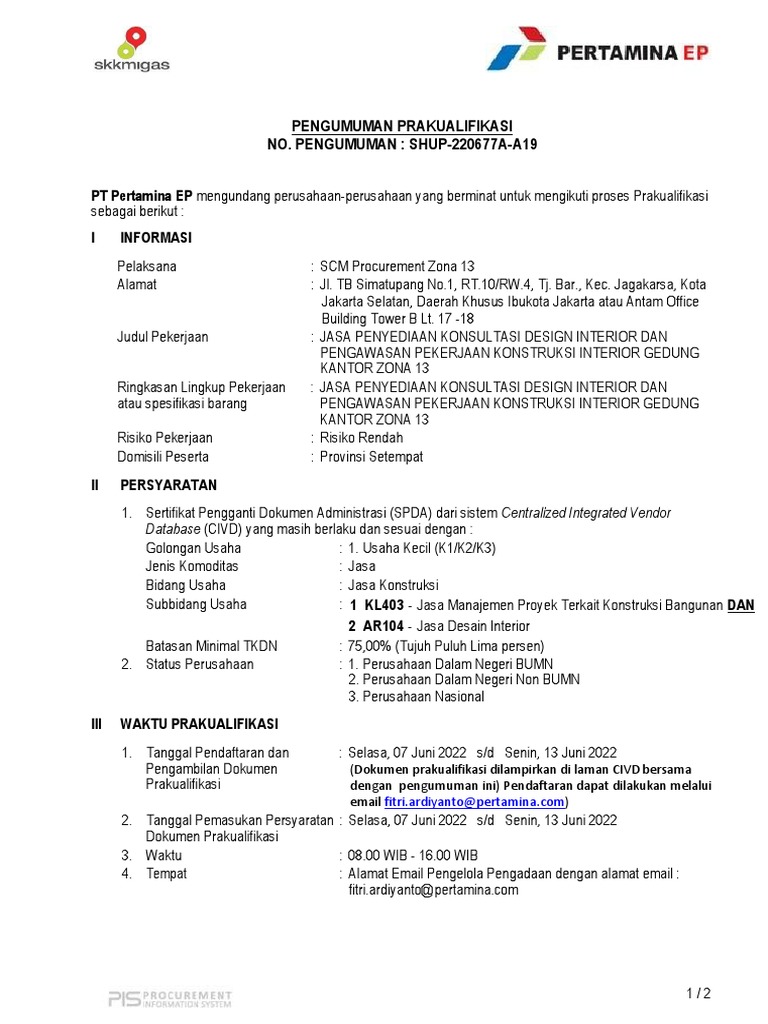 Prakualifikasi Tender Jasa Interior Pertamina | PDF | Bisnis ...