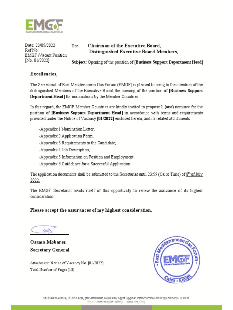 EMGF Vacant Position (No. 01-2022) - Letter To EB Members - Opening of The Position of Business ...