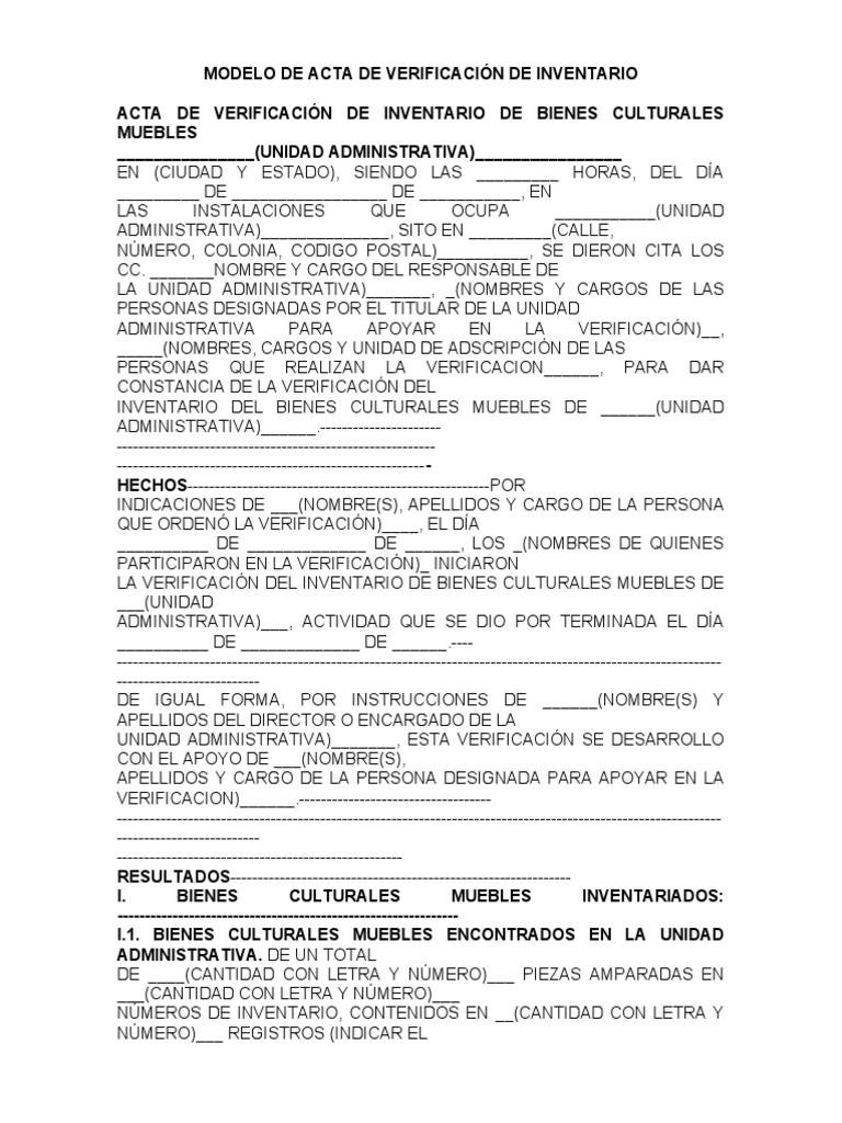 Modelo de Acta de Verificación de Inventario de Bienes Muebles | PDF Modelo de Acta de Verificación de Inventario de Bienes Muebles | PDF