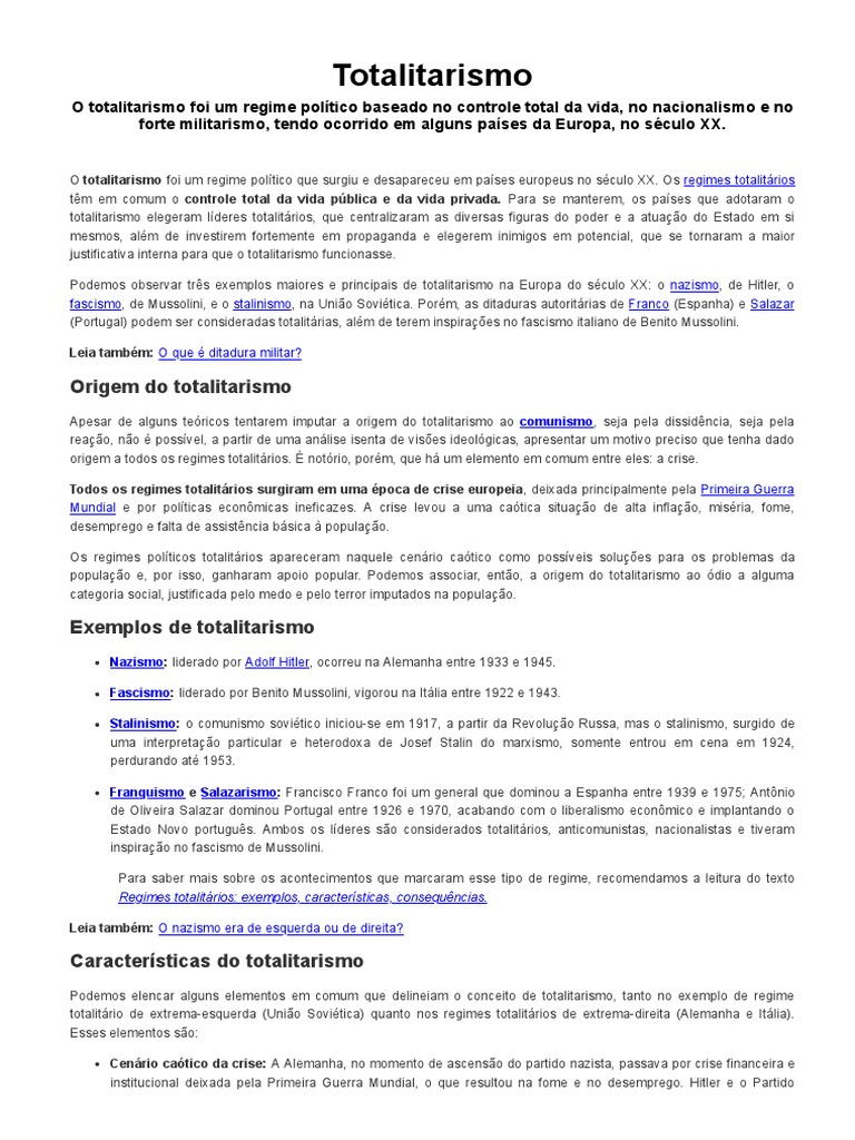 Características e exemplos dos regimes totalitários na Europa do século ...