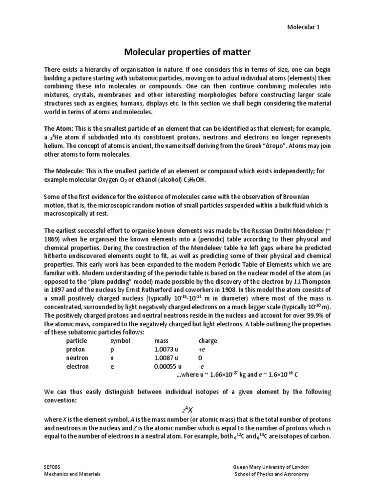 Molecular Properties of Matter | PDF | Molecules | Atoms