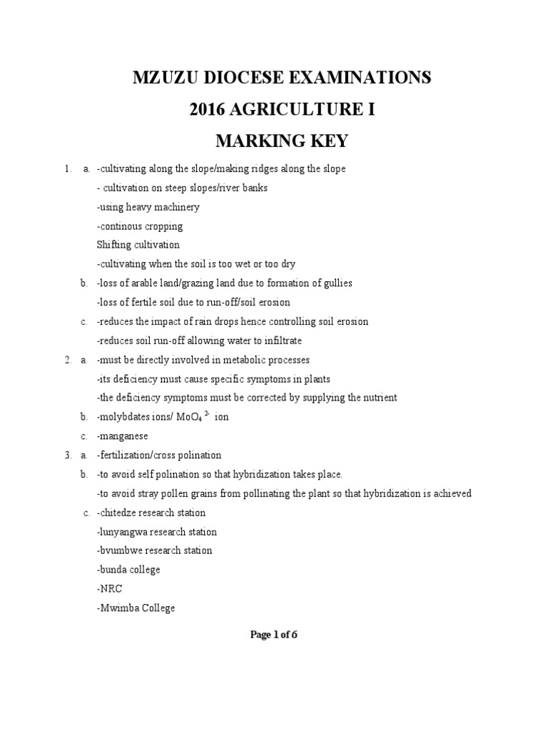 Agriculture Paper 1 Marking Key | PDF | Agriculture | Soil
