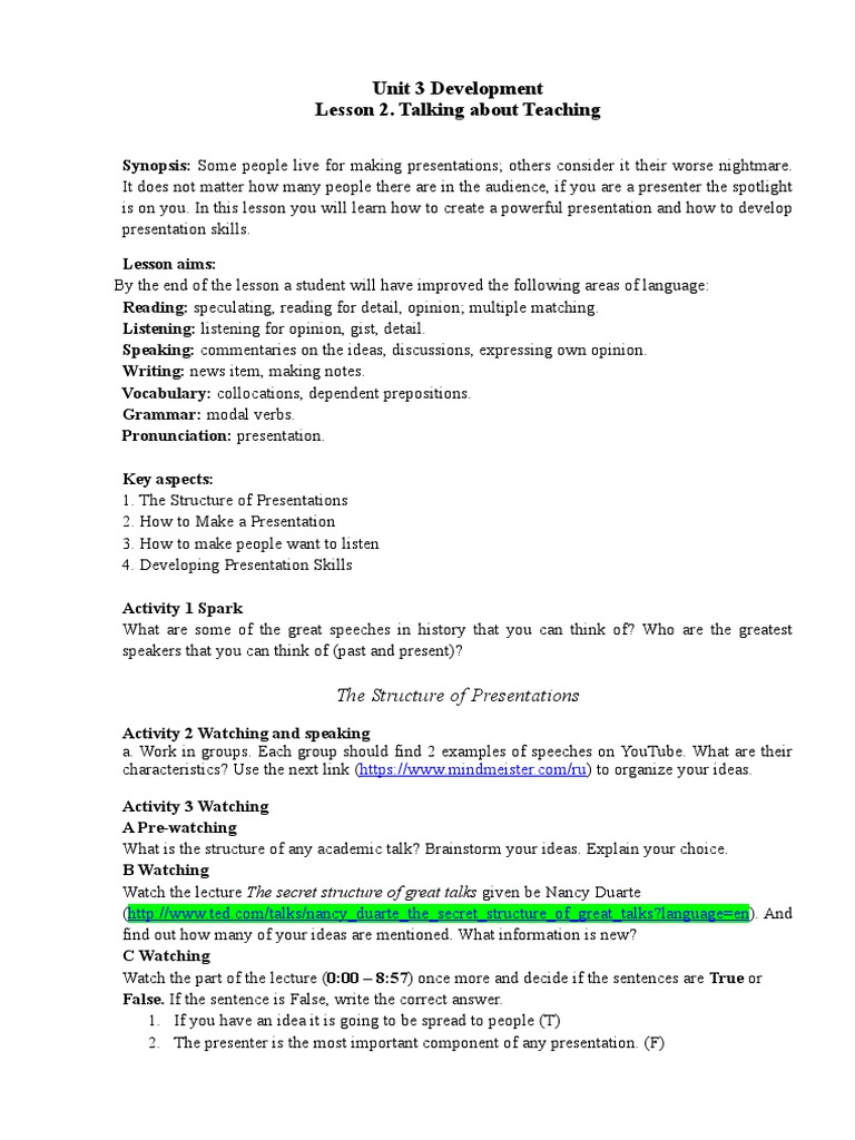 Unit 3 Development Lesson 2. Talking About Teaching: The Structure of Presentations | PDF ...