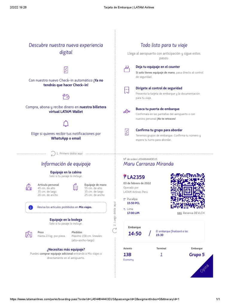 Tarjeta de Embarque - LATAM Airlines - MARU CARRANZA PUCALLPA-LIMA 03. ...