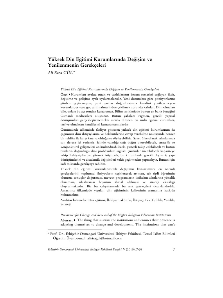 Y Ksek Din E Itimi Kurumlar Nda de I Im Ve Yenilenmenin Gerek Eleri (#456538) - 529241 | PDF