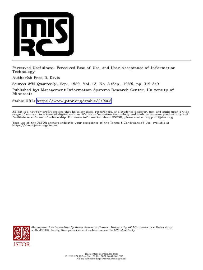 TAM Model Original Paper | PDF | Self Efficacy | Usability