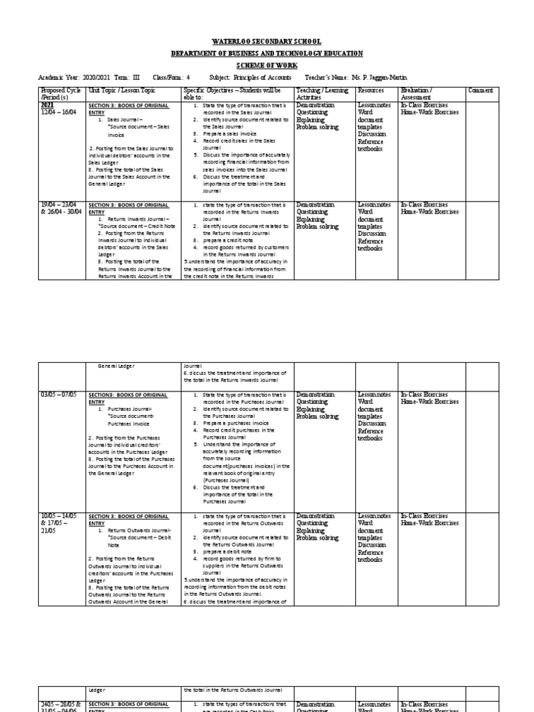 Form 4 Poa - Scheme of Work - Term 3 | PDF | Debits And Credits | Ledger