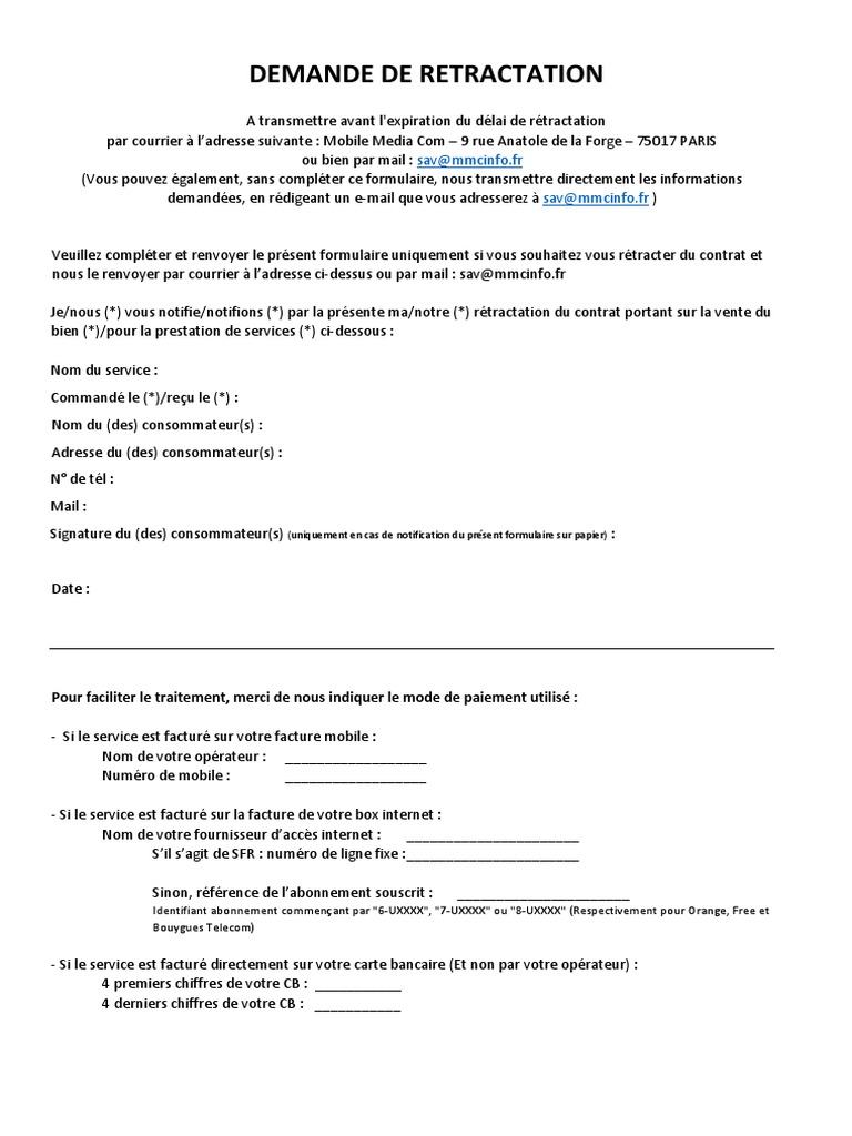 Formulaire Retractation | PDF