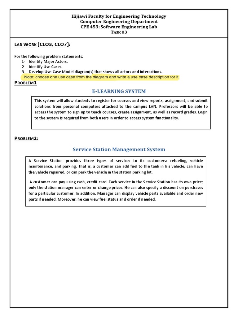 CPE 453: Software Engineering Lab TASK 03 - E-Learning and Service Station Use Case Models | PDF