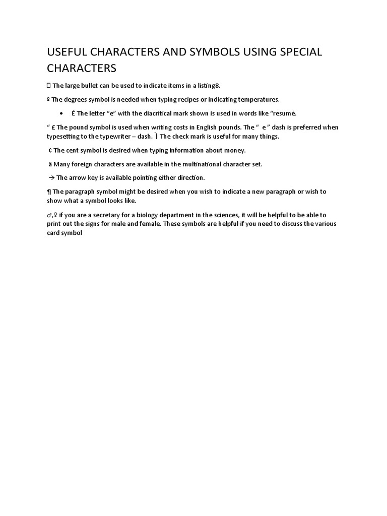 Useful Symbols and Special Characters | PDF | Language Arts & Discipline
