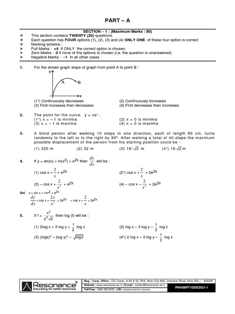 Part A Section 1: 20-question multiple choice exam with math and physics questions | PDF ...