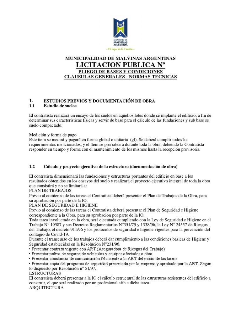 PLIEGO CLAUSULAS TECNICAS Municipal - CDIs N°6 - Tami | PDF | Hormigón ...