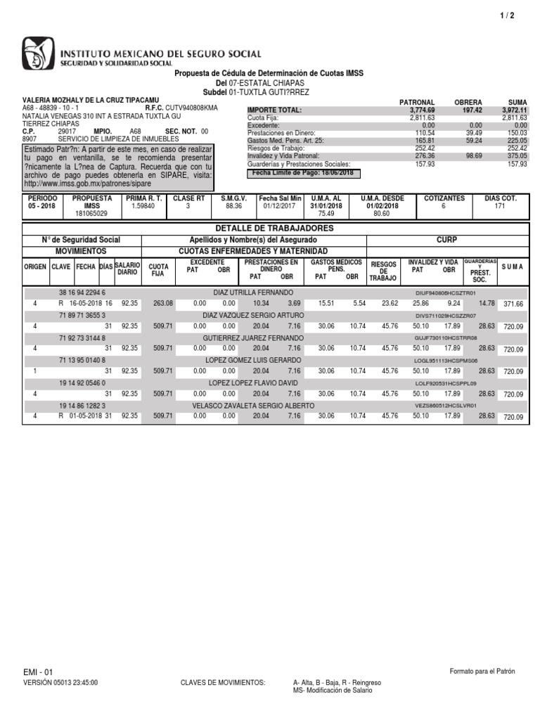 Cedula de Determinacion de Cuotas IMSS | PDF