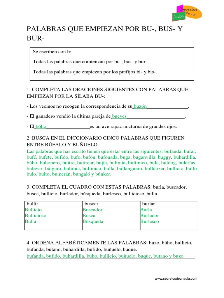 Soluciones Ficha Bu-, Bur-, Bus-. | PDF