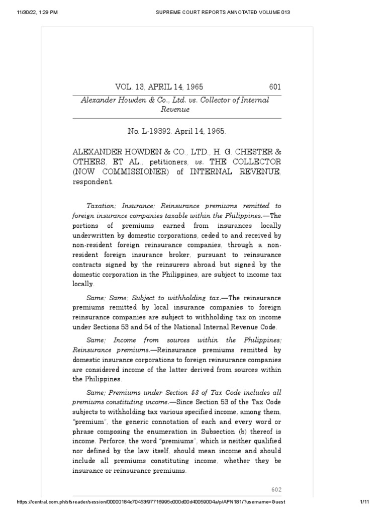 Alexander Howden & Co., Ltd. vs. Collector of Internal Revenue | PDF ...