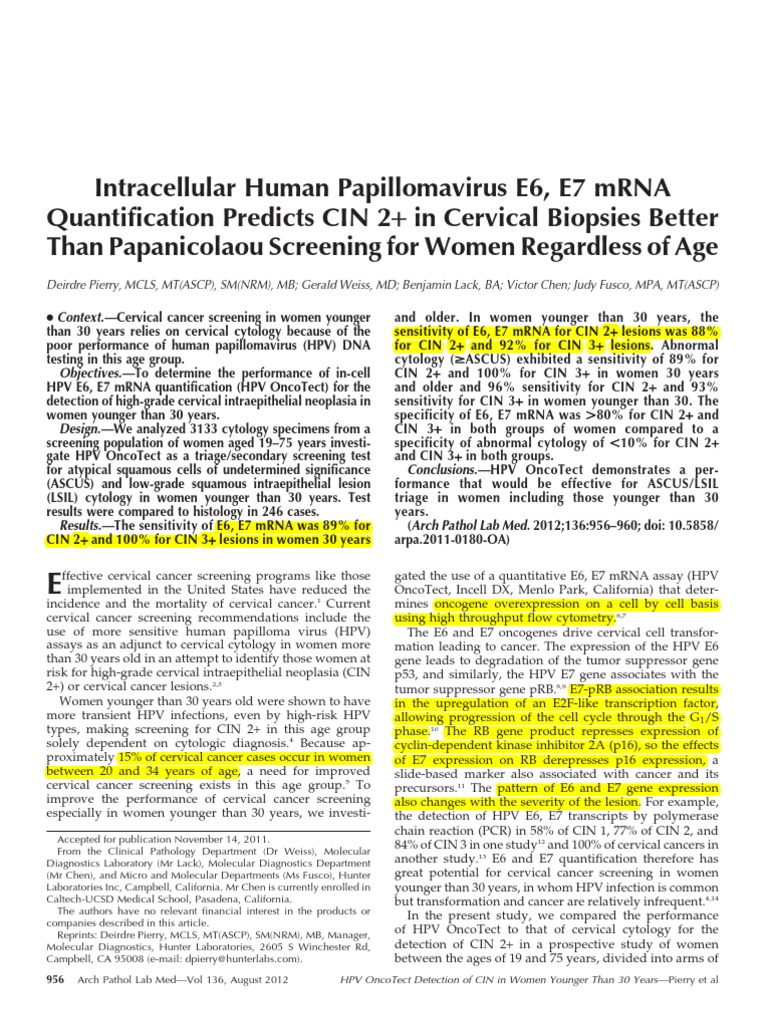 HPV E6E7 mRNA Vs Pap Smear | PDF | Cervical Cancer | Cytopathology