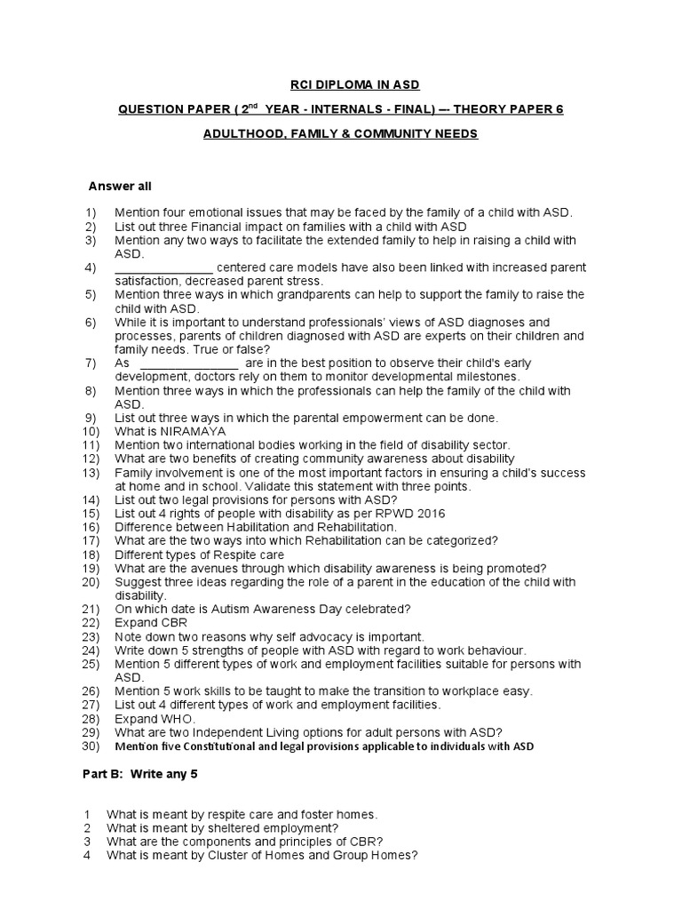QUESTION PAPER (2nd YEAR - INTERNALS - FINAL - 6th Batch THEORY PAPER 6 | PDF | Autism Spectrum ...