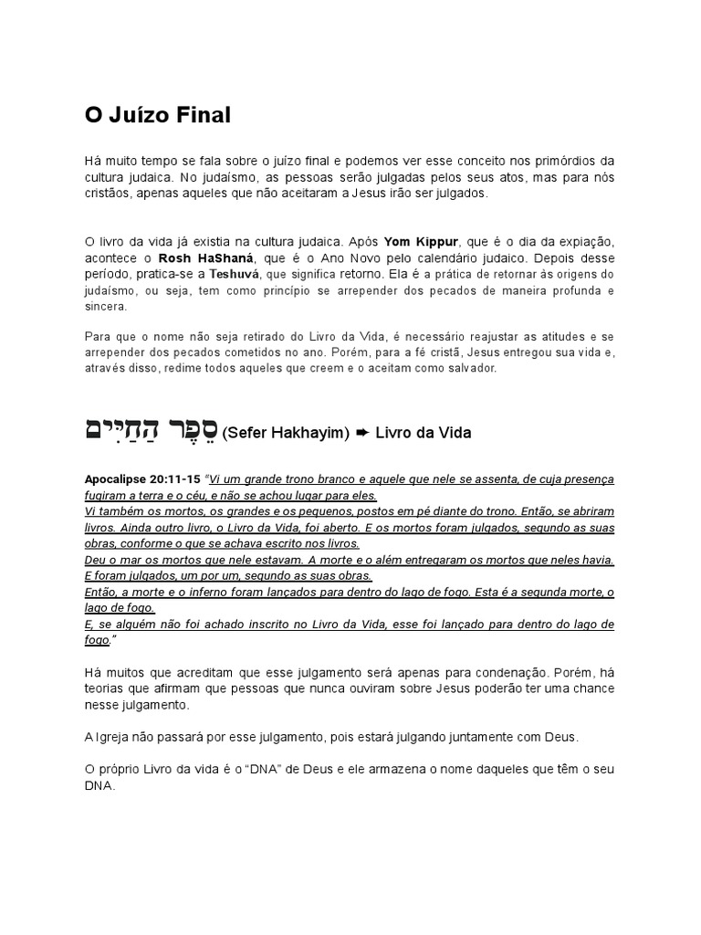 O Juízo Final e o Livro da Vida | PDF | Imortalidade | Juízo final