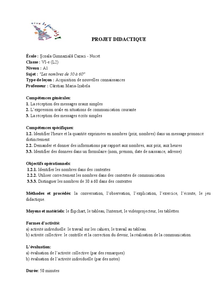 Projet Didactique Clasa A 6 A | PDF | la communication | Ouverture (échecs)