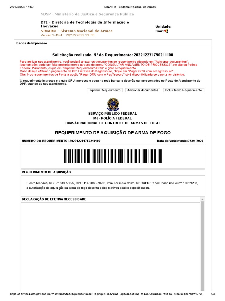 SINARM - Sistema Nacional de Armas | PDF