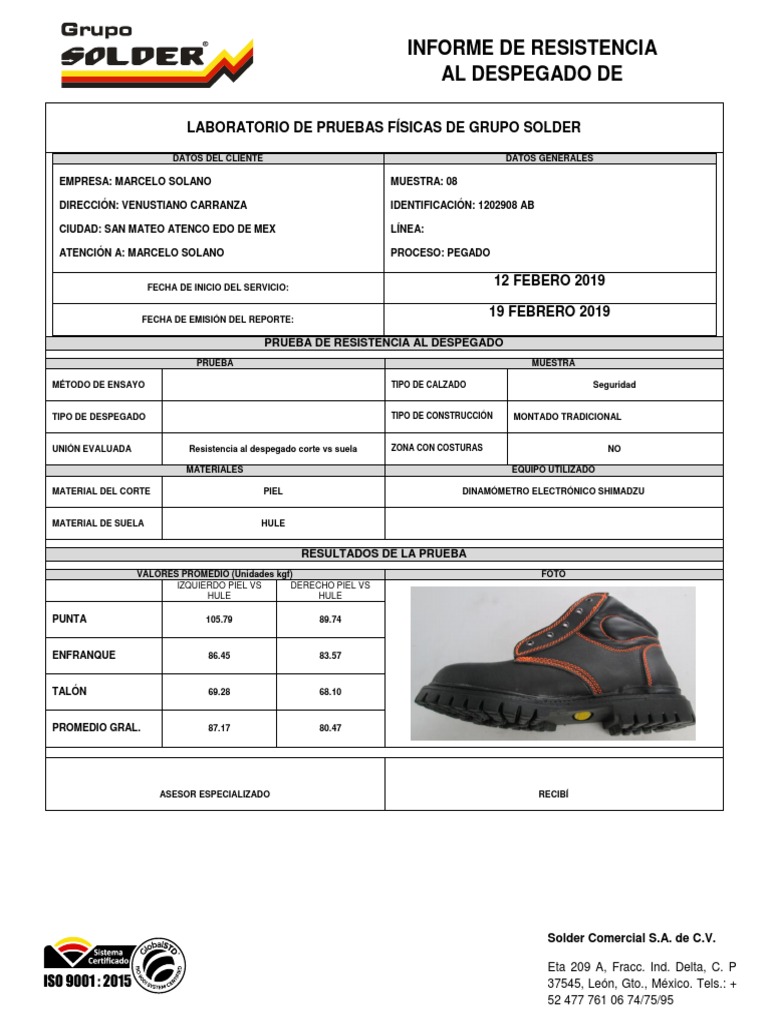 Informe de Resistencia Al Despegado de Calzado: Laboratorio de Pruebas ...