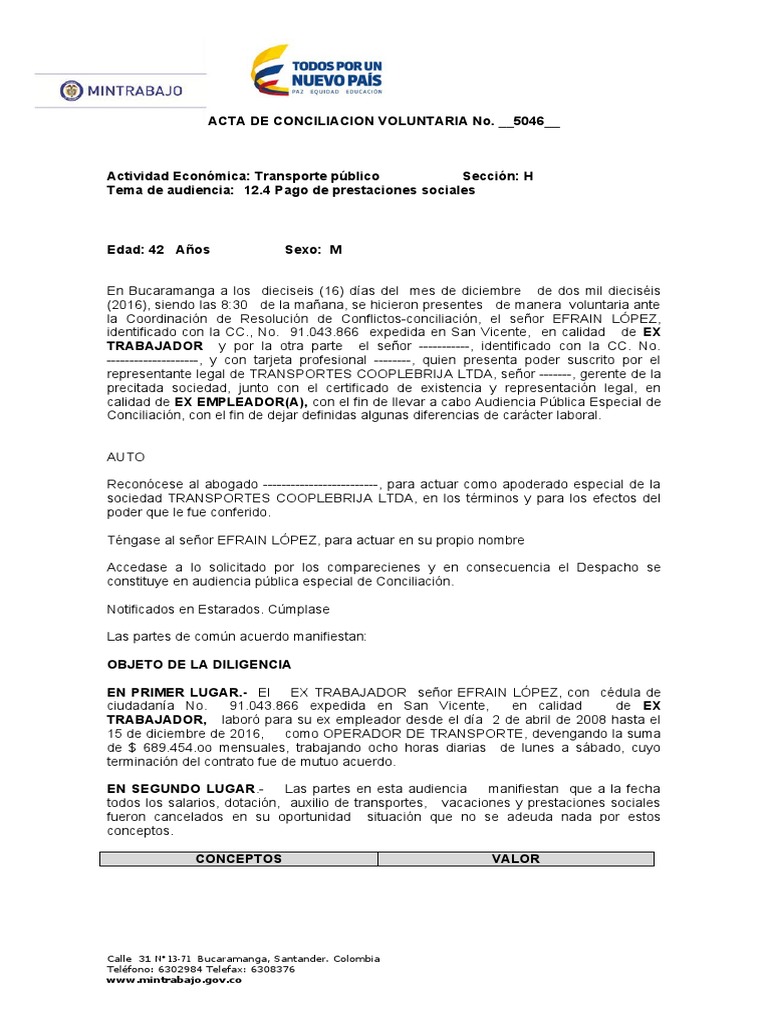 Formato-Acta de Conciliacion-Uis | PDF | Salario | Colombia