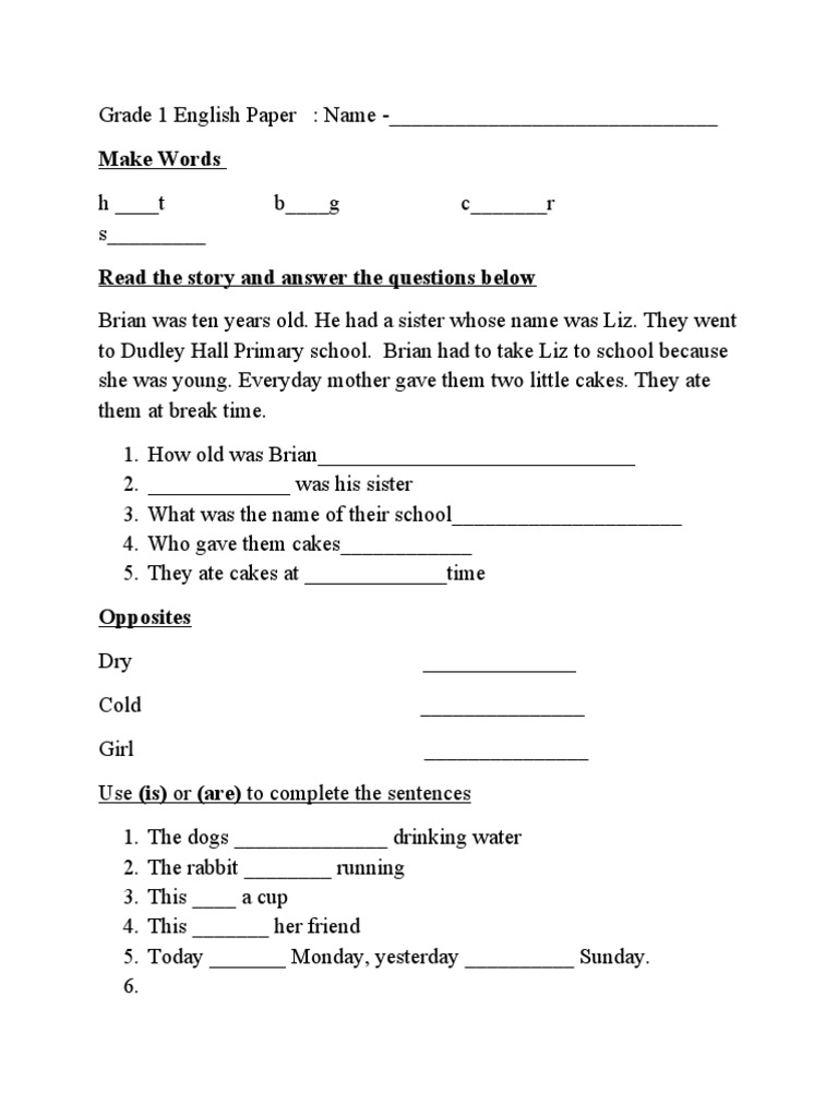 Grade 1 English Paper 3 | PDF