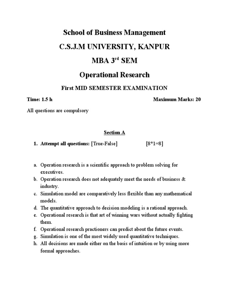 MBA Operational Research Exam | PDF | Operations Research | Scientific ...