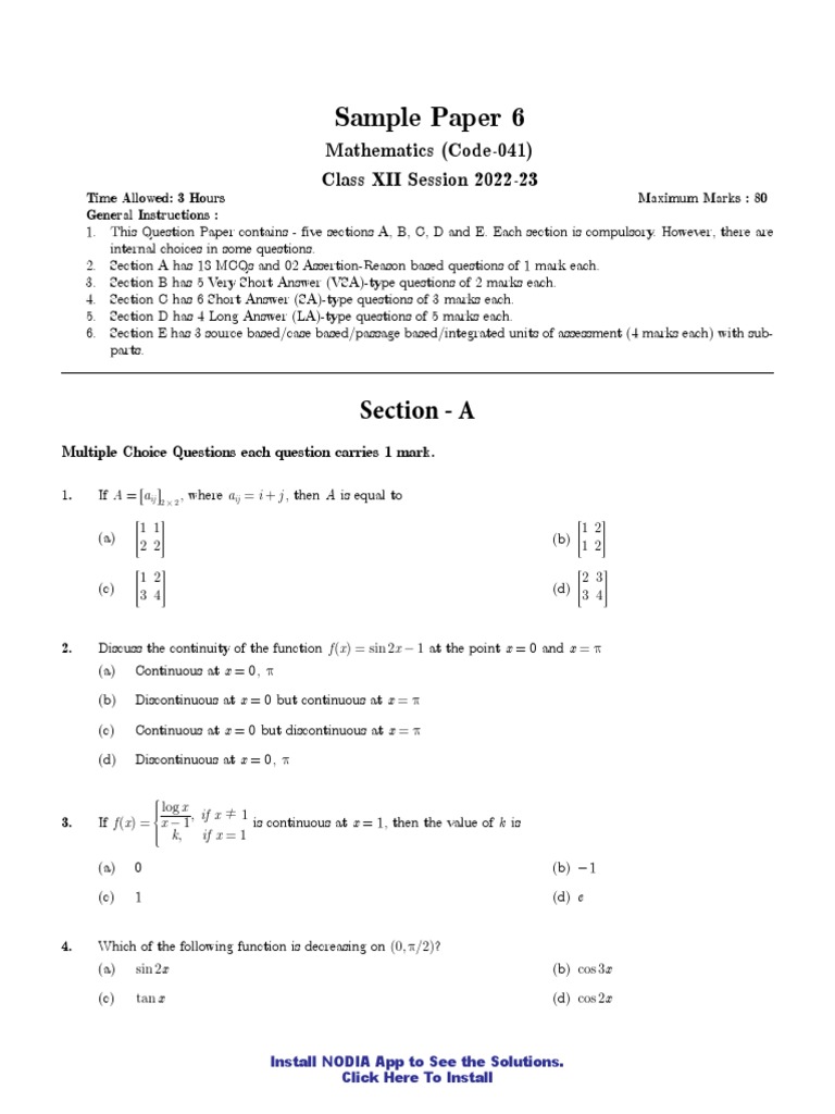 Sample Paper 1 | PDF | Equations | Trigonometric Functions