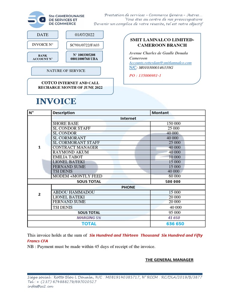 FACTURE Internet and Call COTCO JUNE 2022 - 084210 | PDF | Accounting ...