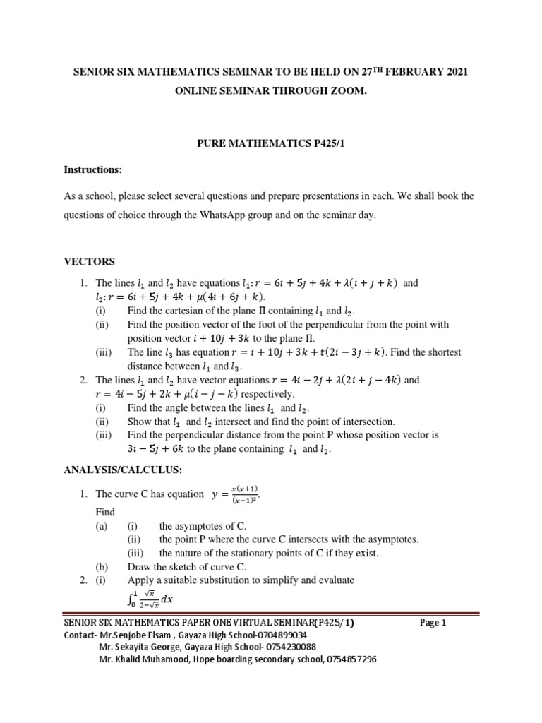 Senior Six Mathematics Seminar To Be Held On 27 February 2021 Online ...