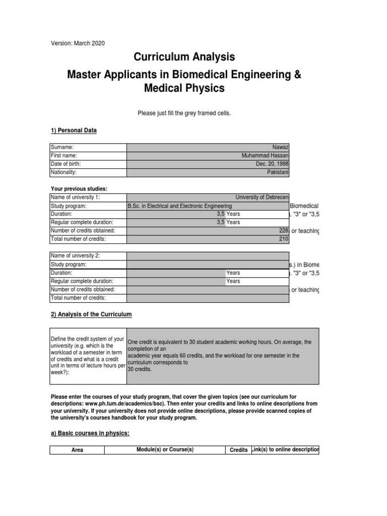 TUM Biomedical Engineering Curriculum Analysis | PDF | Physics ...