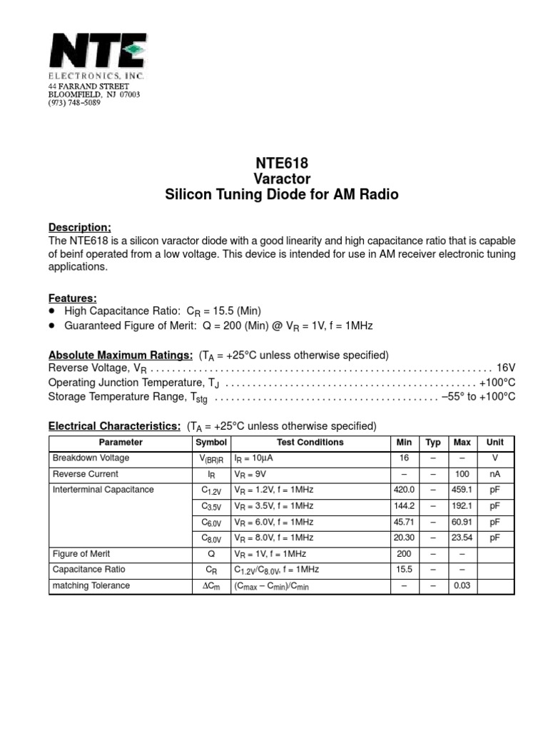 NTE618 Varactor Diode for AM Tuning | PDF | Diode | Electronics