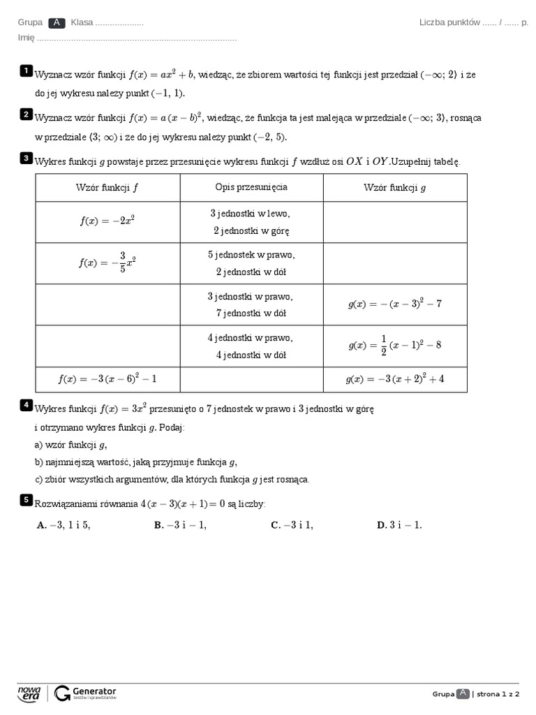 2e Funkcja Kwadratowa Powtórzenie SPR Semestralny | PDF