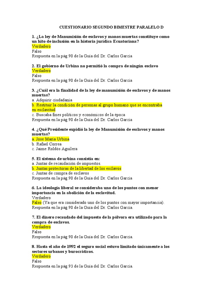 Cuestionario sobre la Ley de Manos Muertas | PDF | Esclavitud | Invalidez