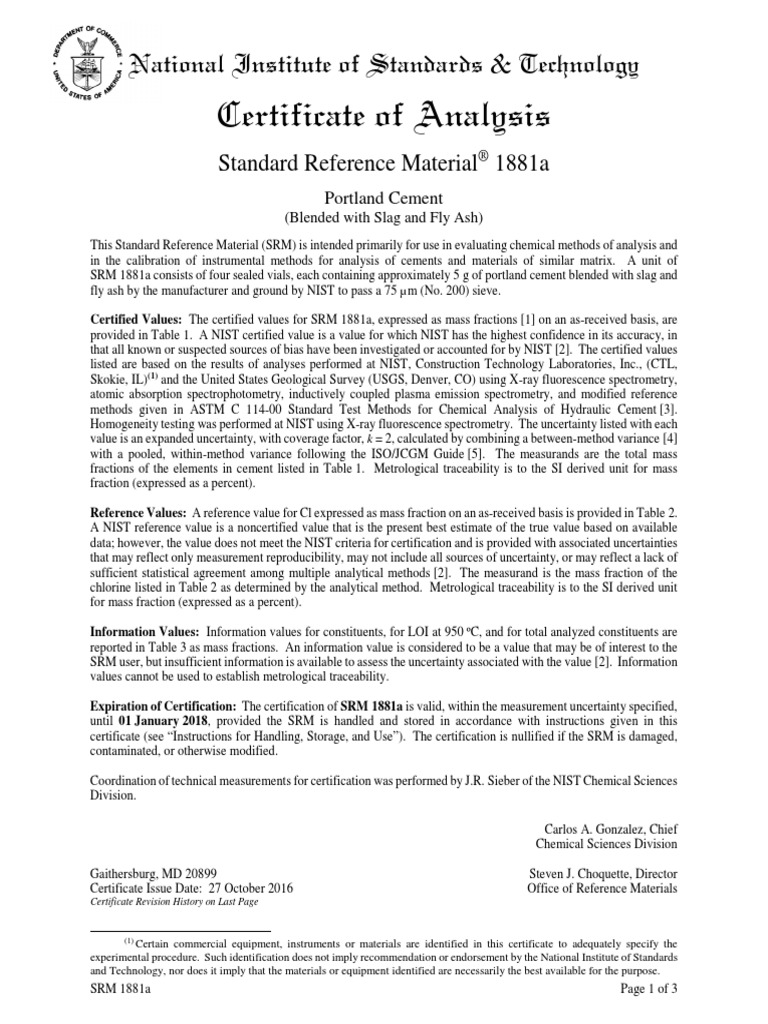 Certificate of Analysis: National Institute of Standards & Technology ...