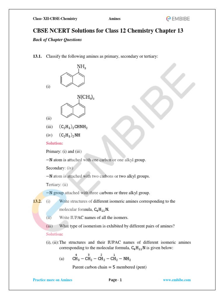 Class 12 Chemistry Amines Solutions | PDF | Amine | Chemical Substances