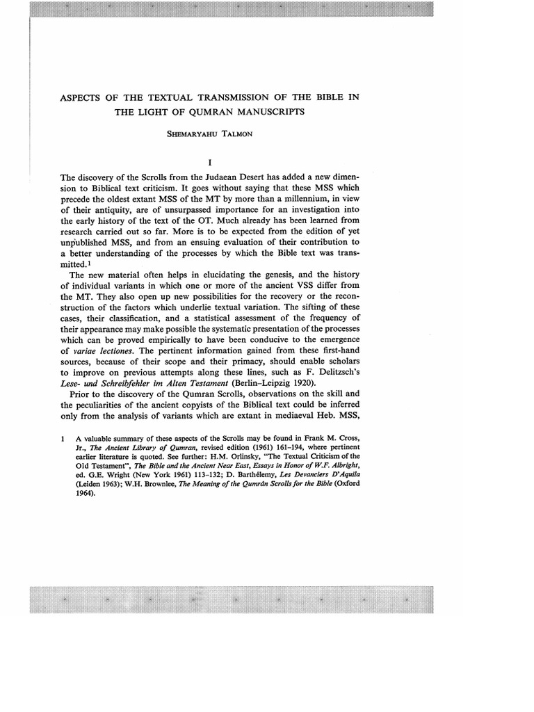 S. Talmon. 1964. "Aspects of The Textual Transmission of The Bible in The Light of Qumran ...